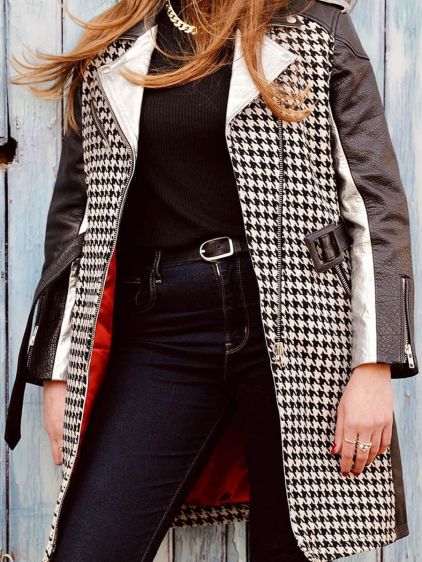 leather women jacket trench Black,White - LeTrench Pied De Poule | PAUL ...